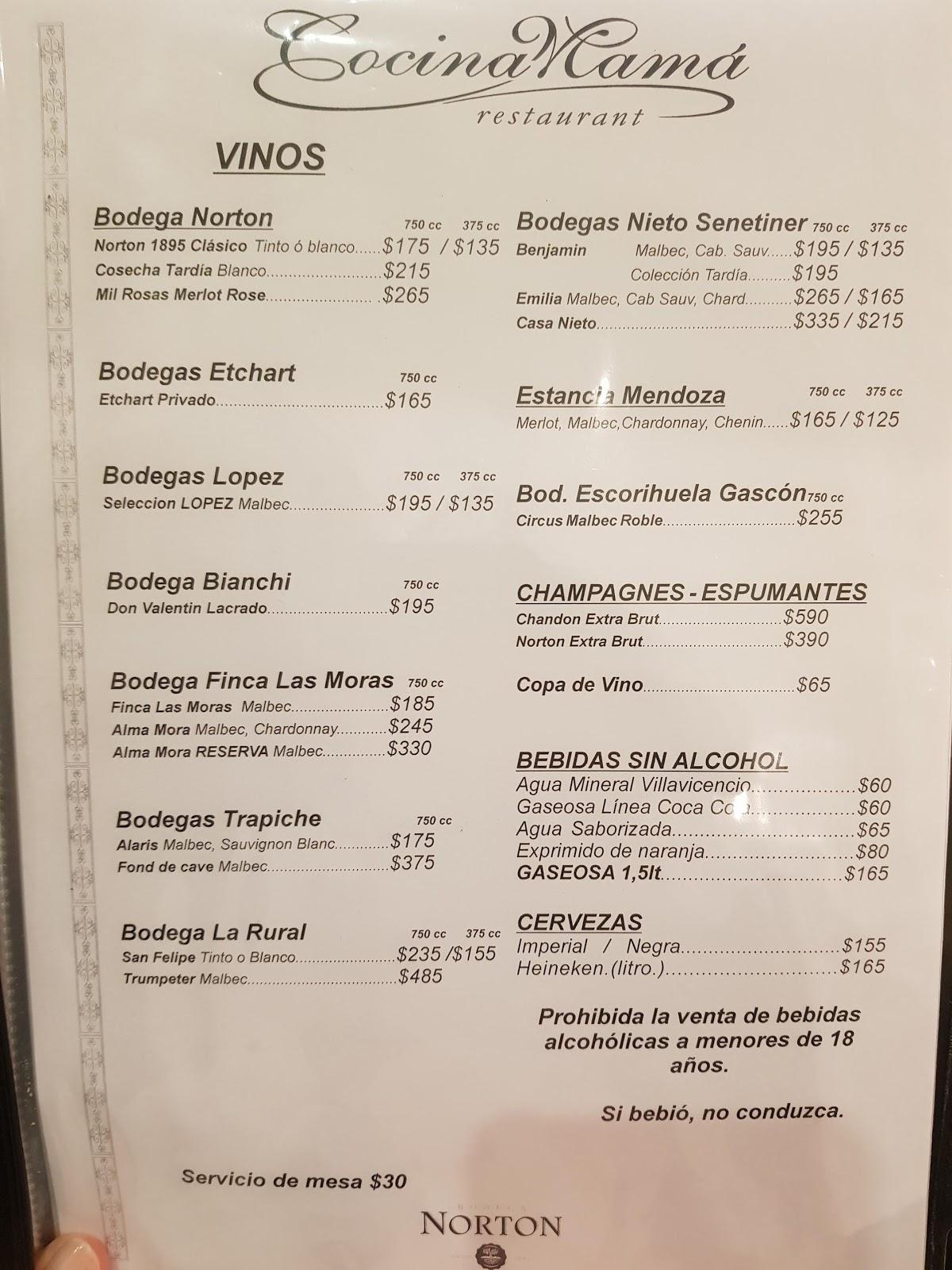 Carta del restaurante Cocina Mamá, Mar del Plata, Belgrano 2239