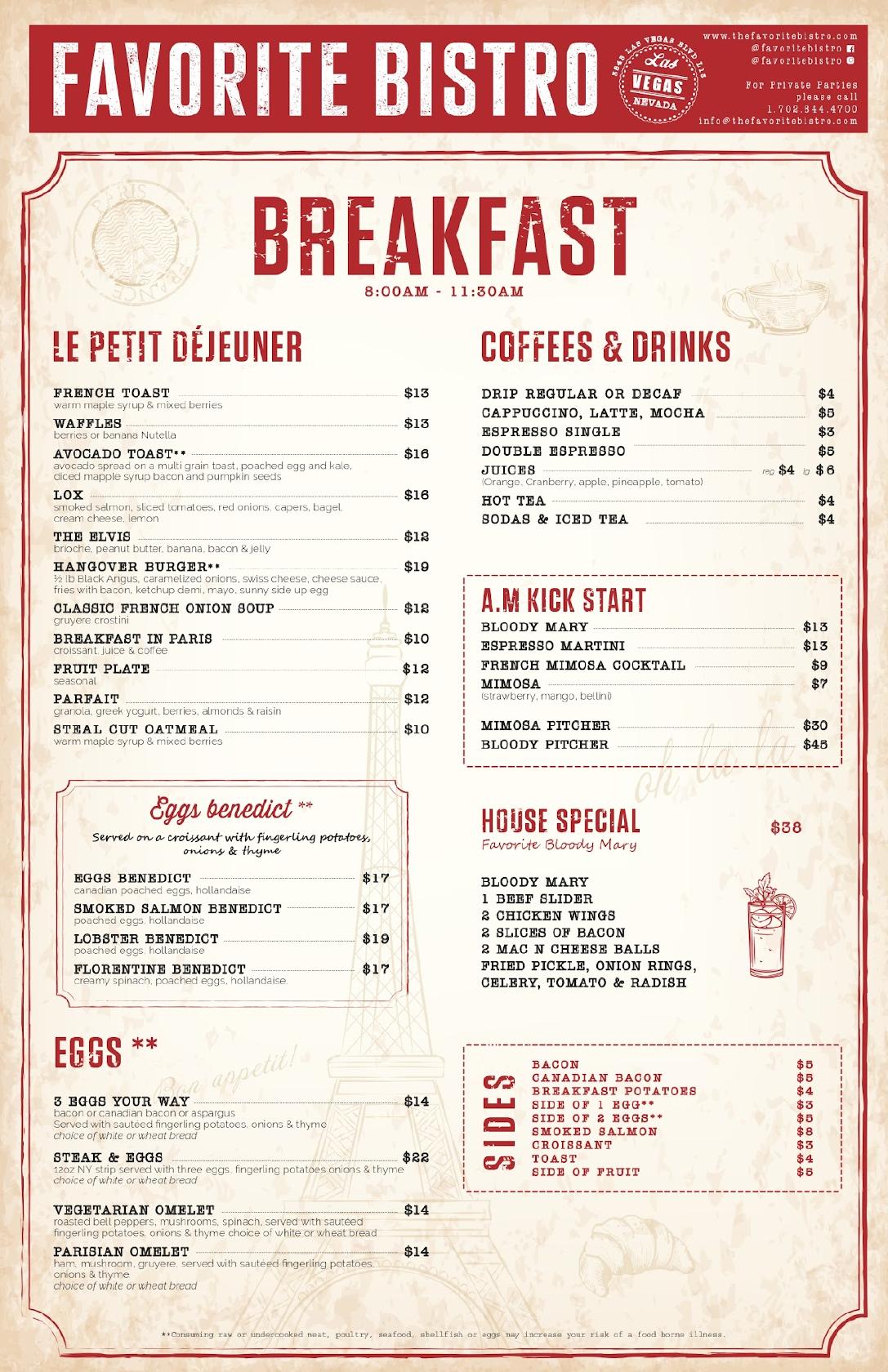 Menu at Favorite Bistro pub & bar, Las Vegas