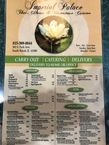 Menu at Imperial Palace & Pho Vietnamese restaurant, South Beloit