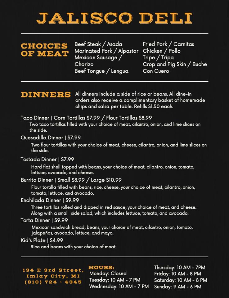 Menu at Jalisco Mexican Deli restaurant, Imlay City