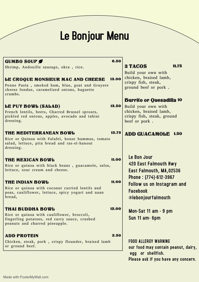 Menu at Le Bon Jour restaurant, Falmouth
