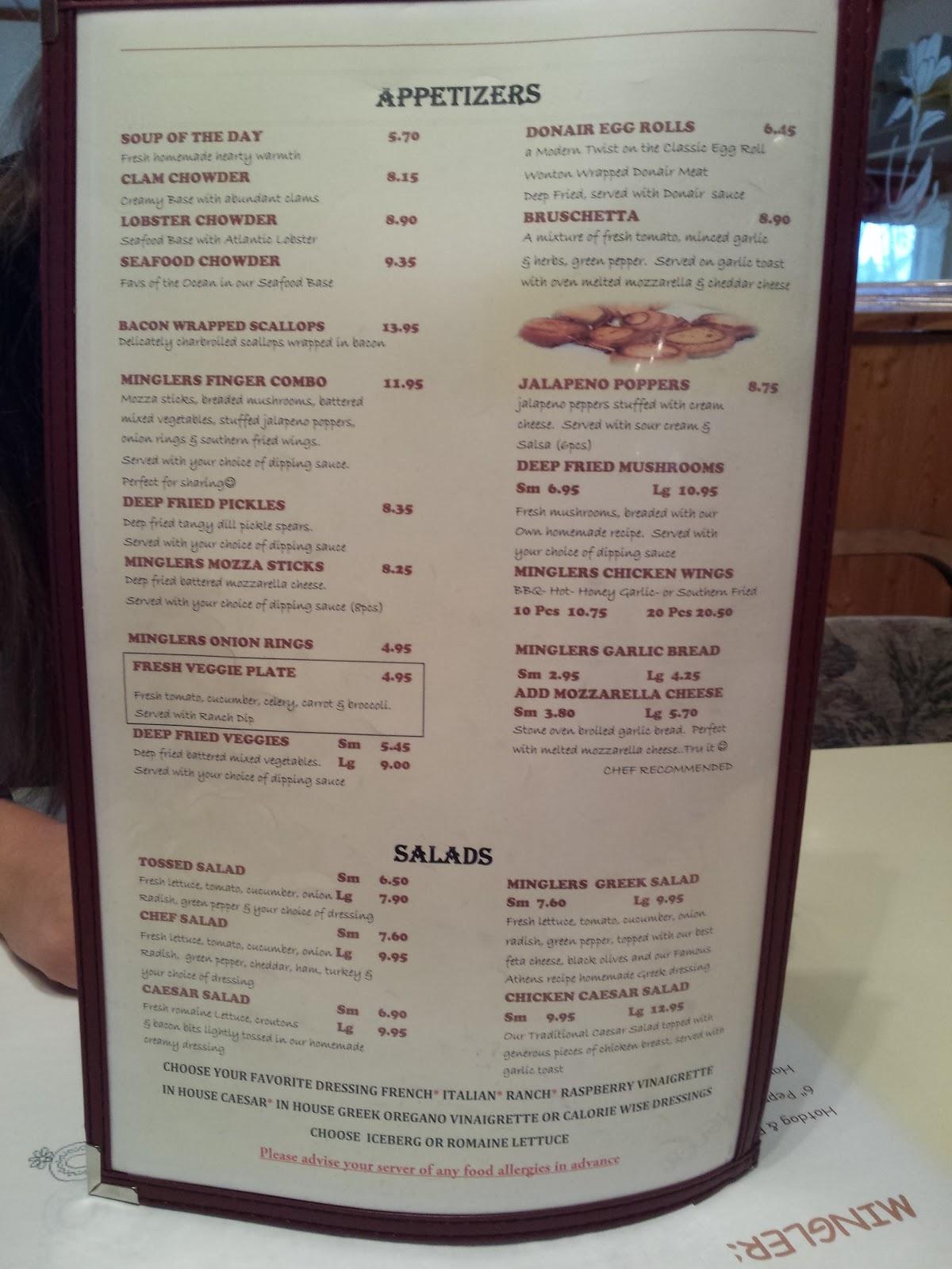 Menu at Mingler's pizzeria, Oromocto