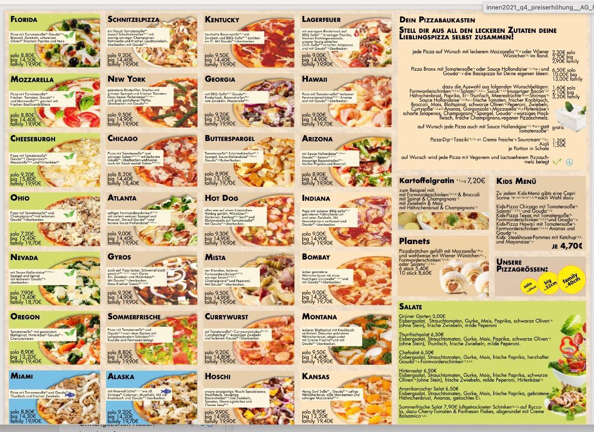Menu at Pizza Planet, Fürstenwalde