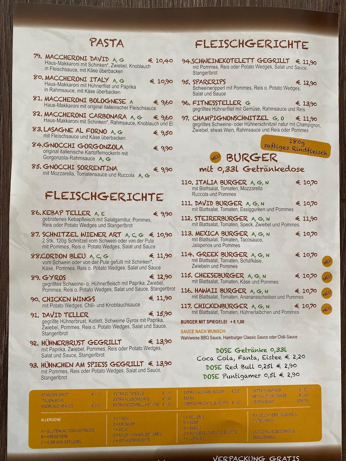 Speisekarte von Pizzeria David, Fürstenfeld