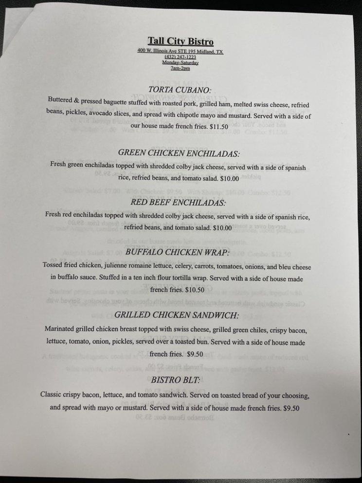 Menu at Tall City Bistro restaurant, Midland