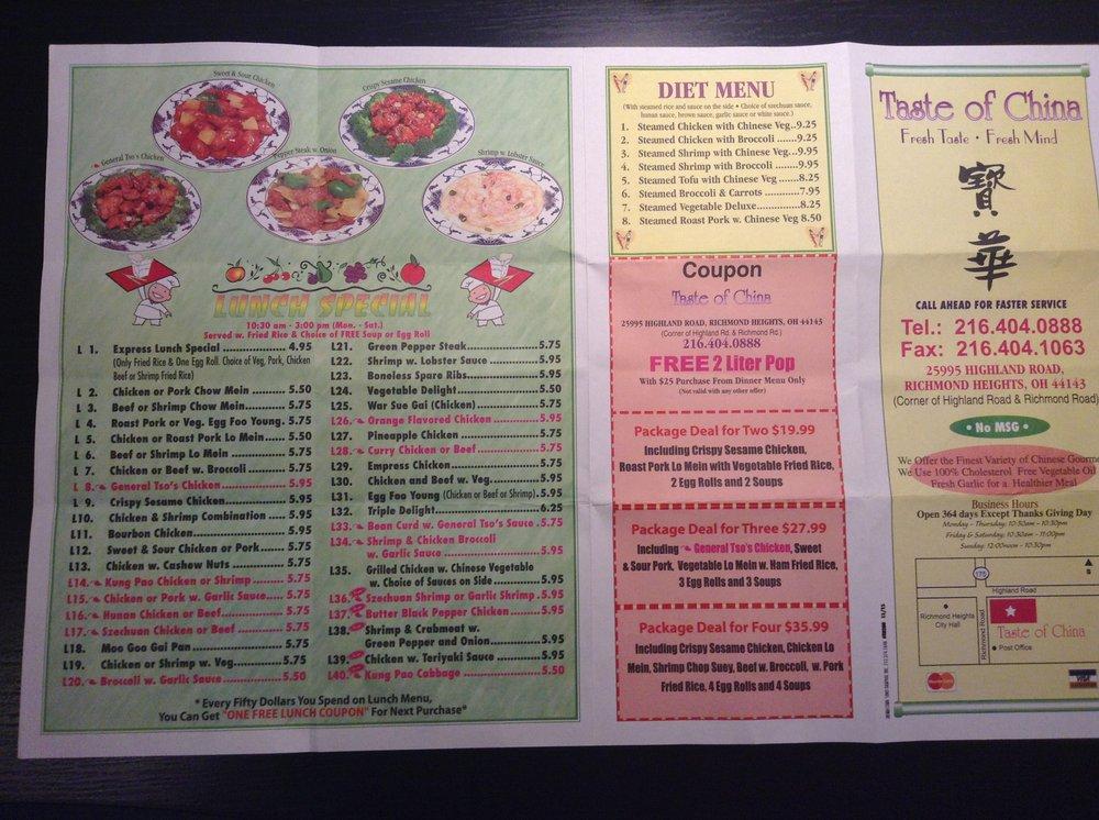 Menu at Taste of China restaurant, Richmond Heights, 25995 Highland Rd