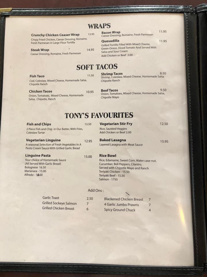 Menu at Tony's Restaurant, Fraser Lake, 210 Chowsunket St