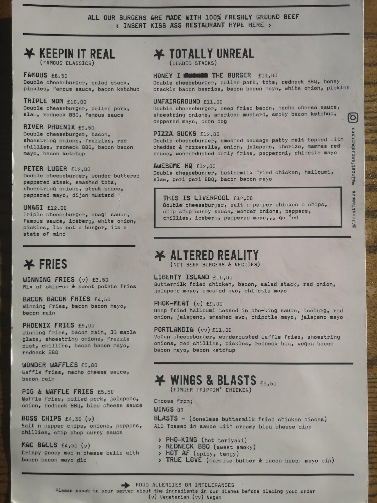 Menu at Almost Famous Liverpool restaurant, Liverpool