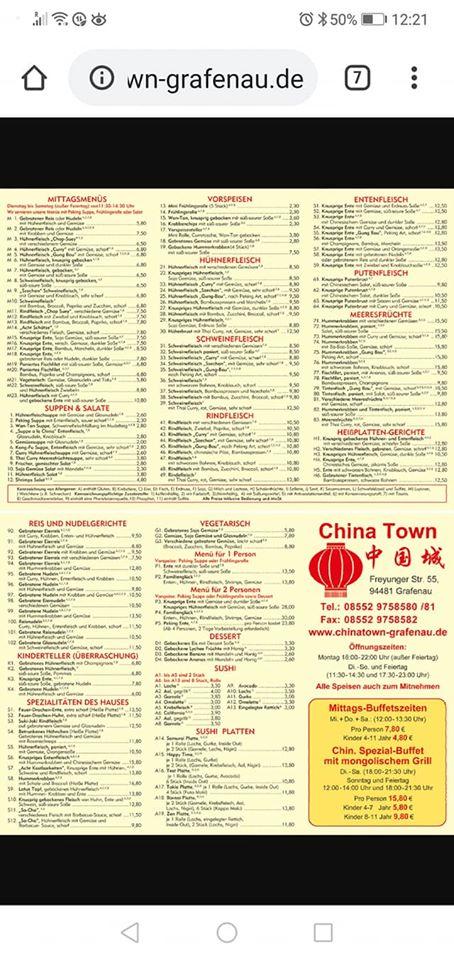 Menu au China Town restaurant, Grafenau