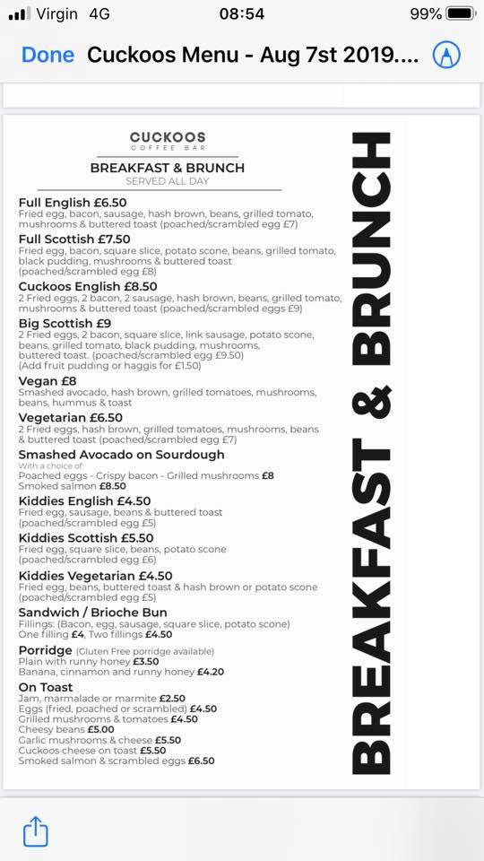 Menu at Cuckoos Coffee Bar, Christchurch