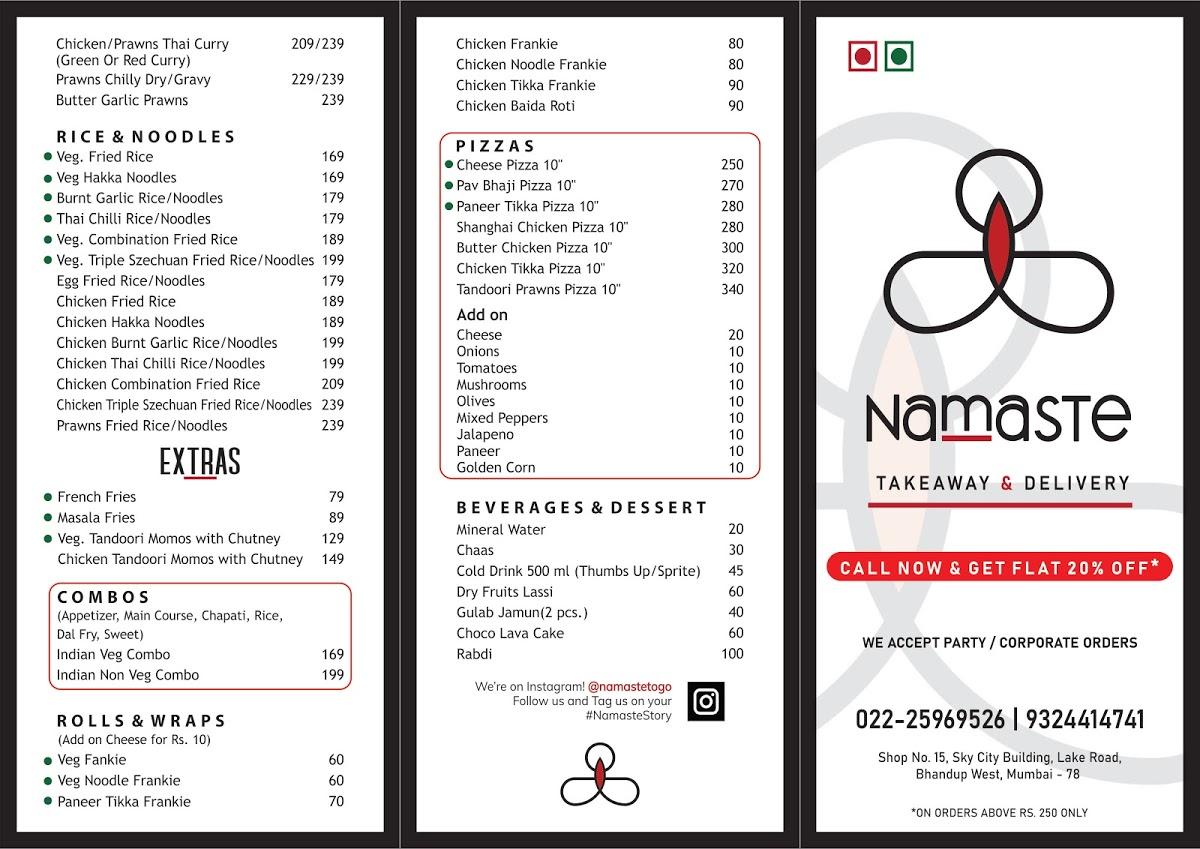 Menu at Namaste, Mumbai, Lal Bahadur Shastri Marg