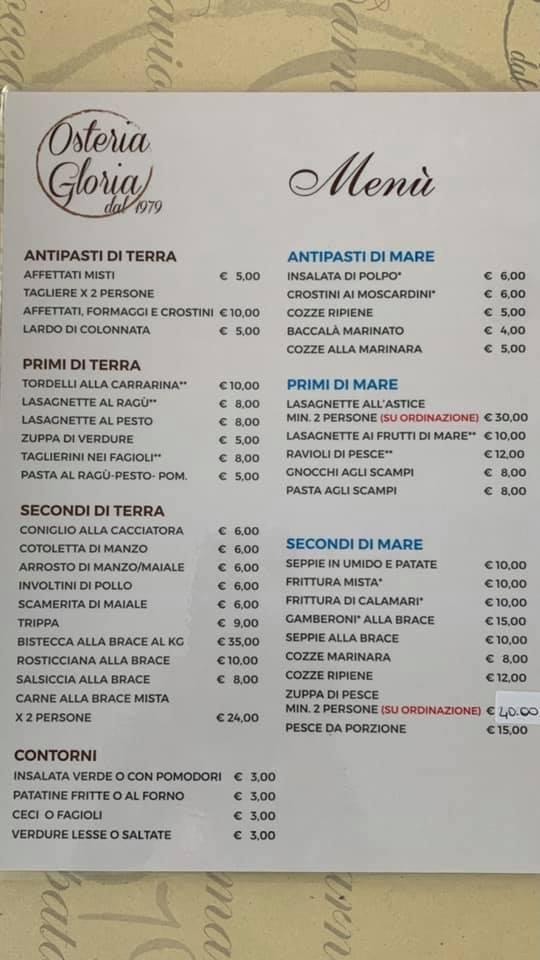 Menu at Osteria Gloria restaurant, Carrara