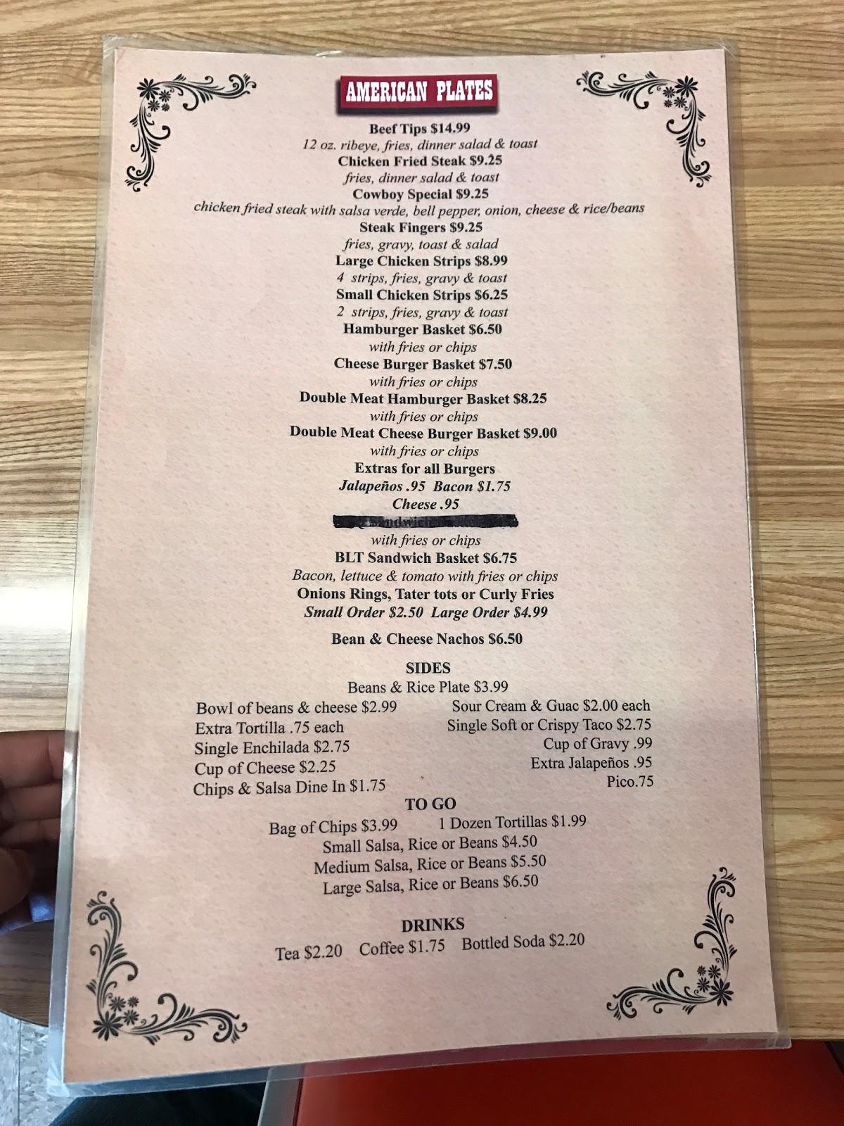 Menu at Rico's Cafe, Mertzon