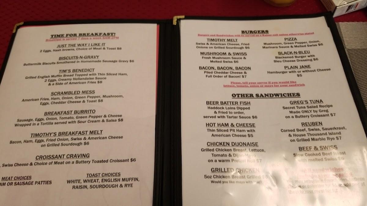 Menu at Timothy's Cafe, Fennimore