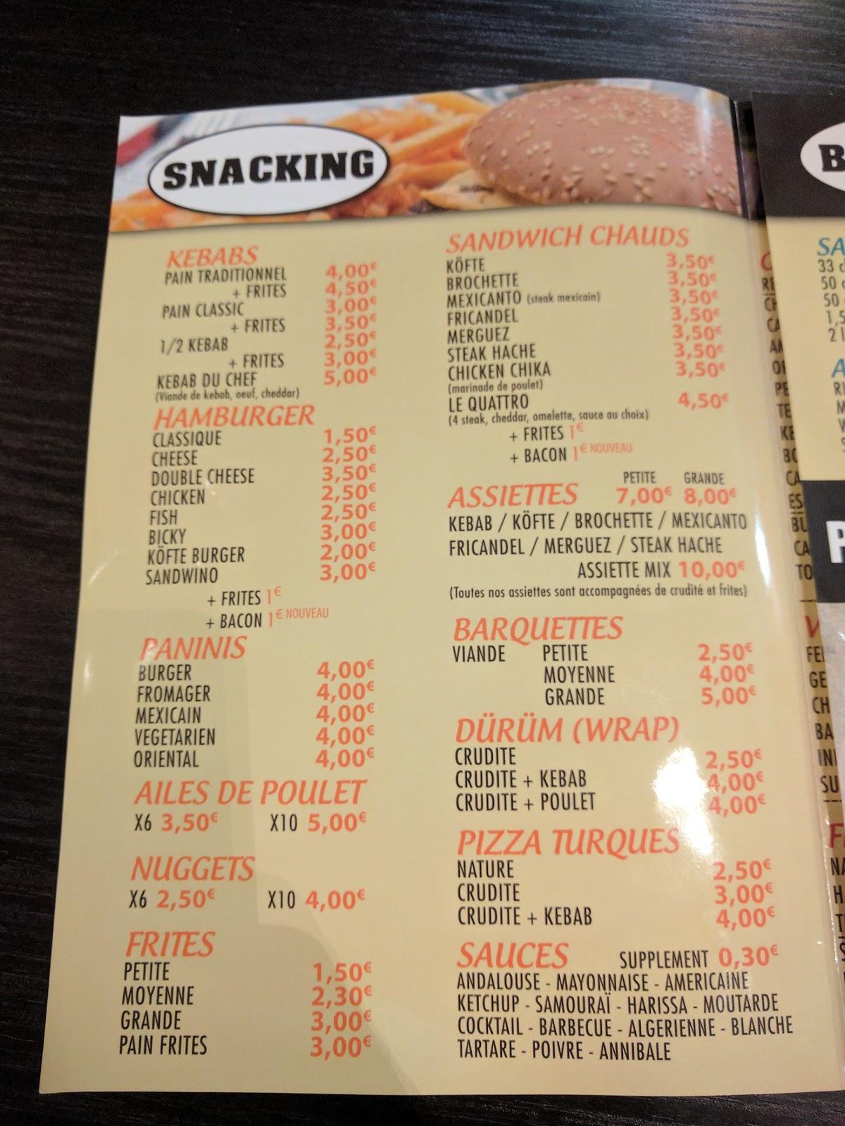 Menu au Kebab de Torcy fast food, Sedan