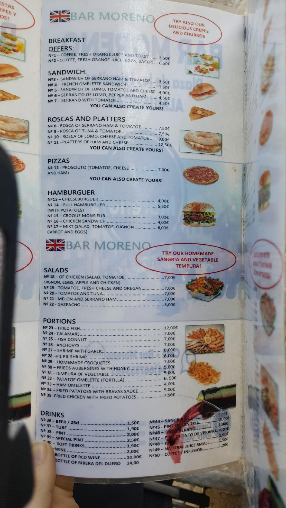 Menu at Bar Moreno, Almuñécar