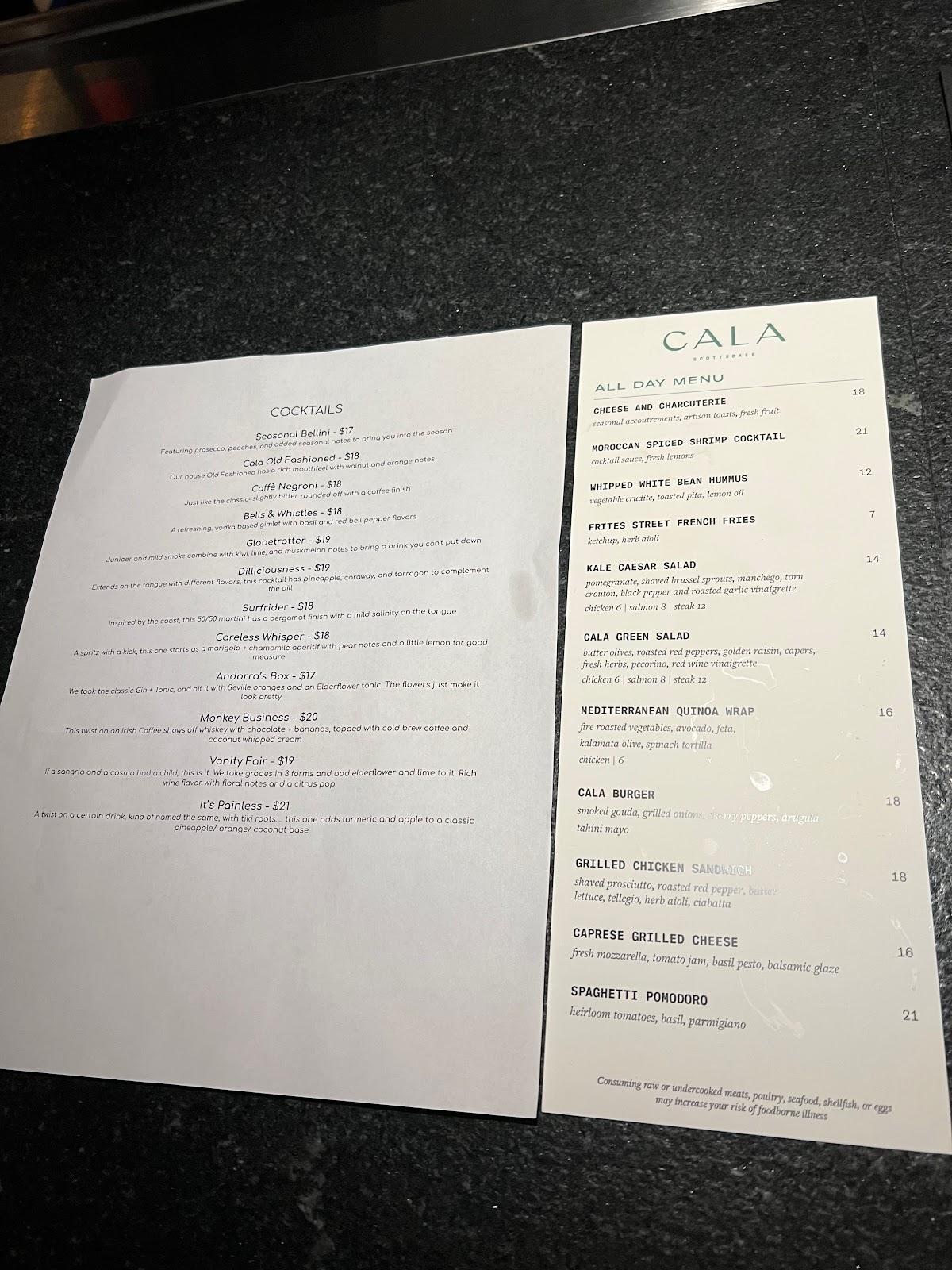 Menu at CALA Scottsdale pub & bar, Scottsdale