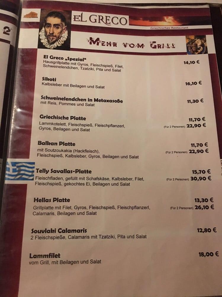 Speisekarte von El Greco griechisches Restaurant, Regenstauf