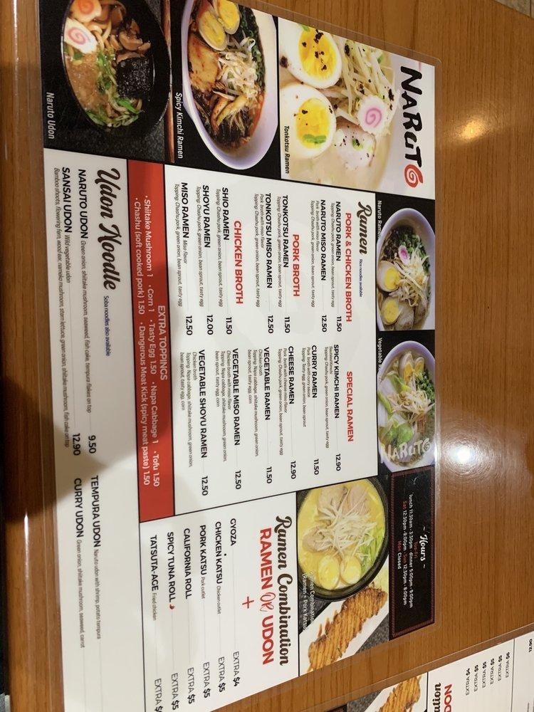 Menu at Naruto Japanese Restaurant, Anchorage