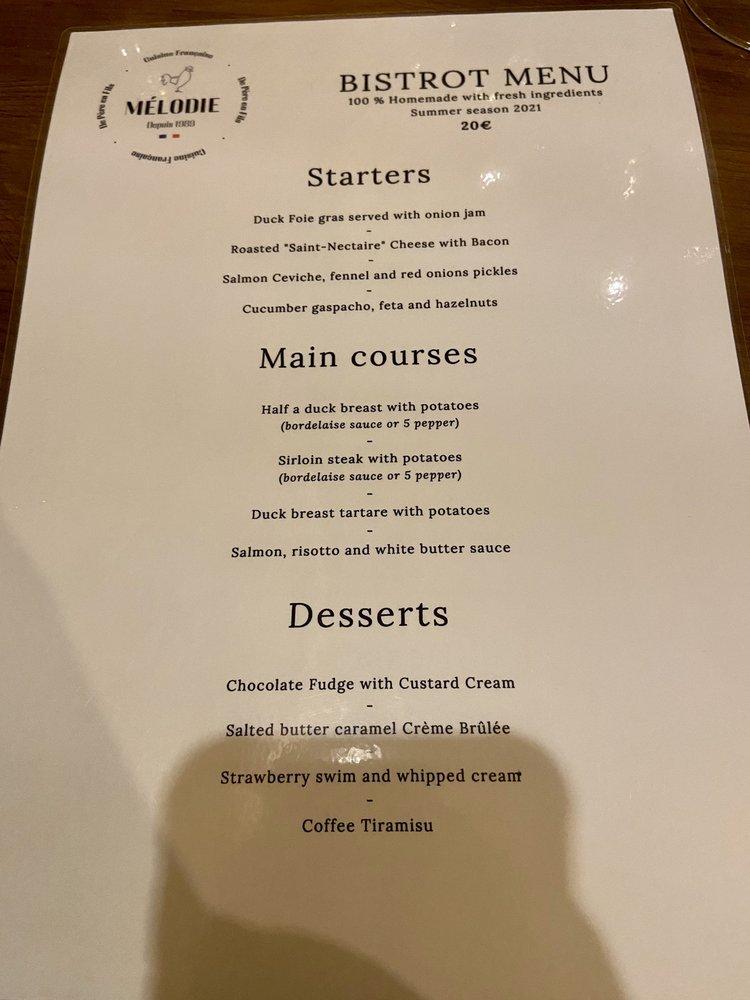 Menu at Melodie restaurant, Bordeaux