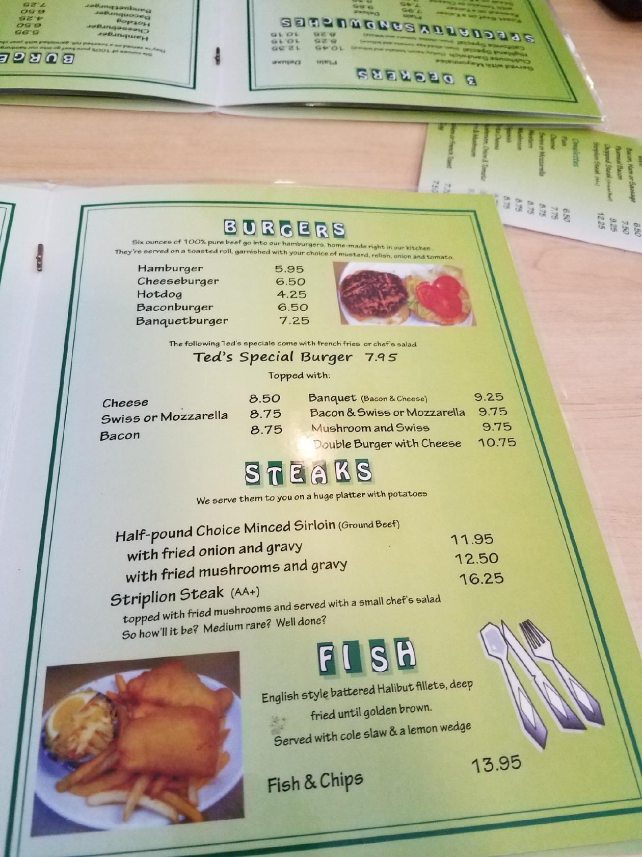 Menu at Ted's Restaurant, Toronto