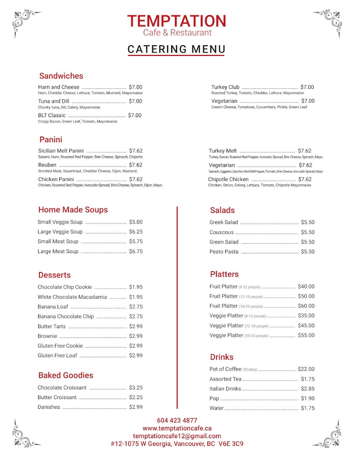 Menu au Temptation Cafe, Vancouver