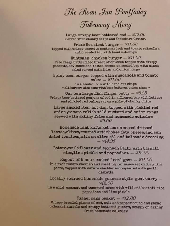Menu at The Swan Inn pub & bar, Pontfadog