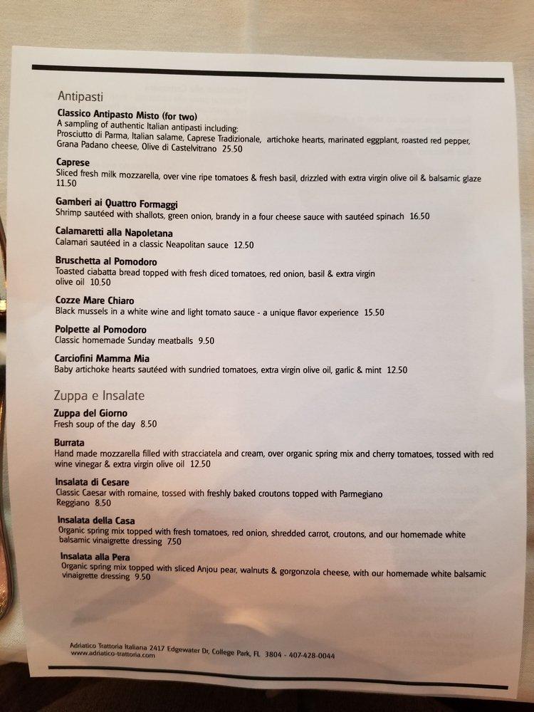 Menu at Adriatico Trattoria Italiana restaurant, Orlando