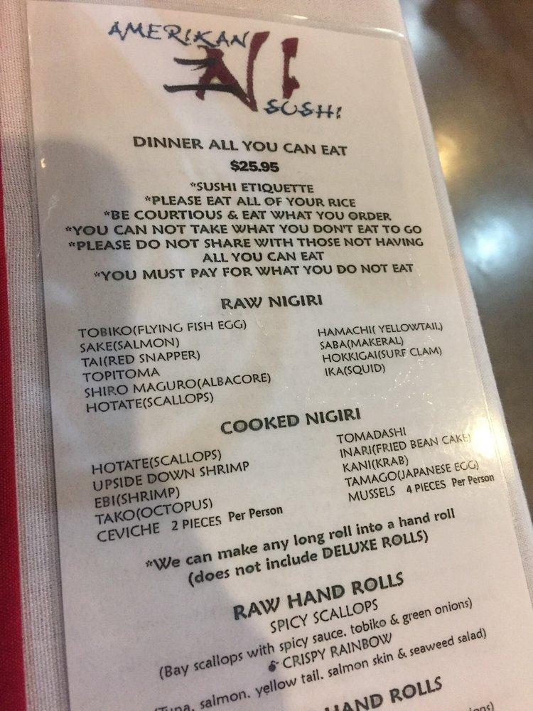 Menu at Amerikan Ni Sushi restaurant, Minden