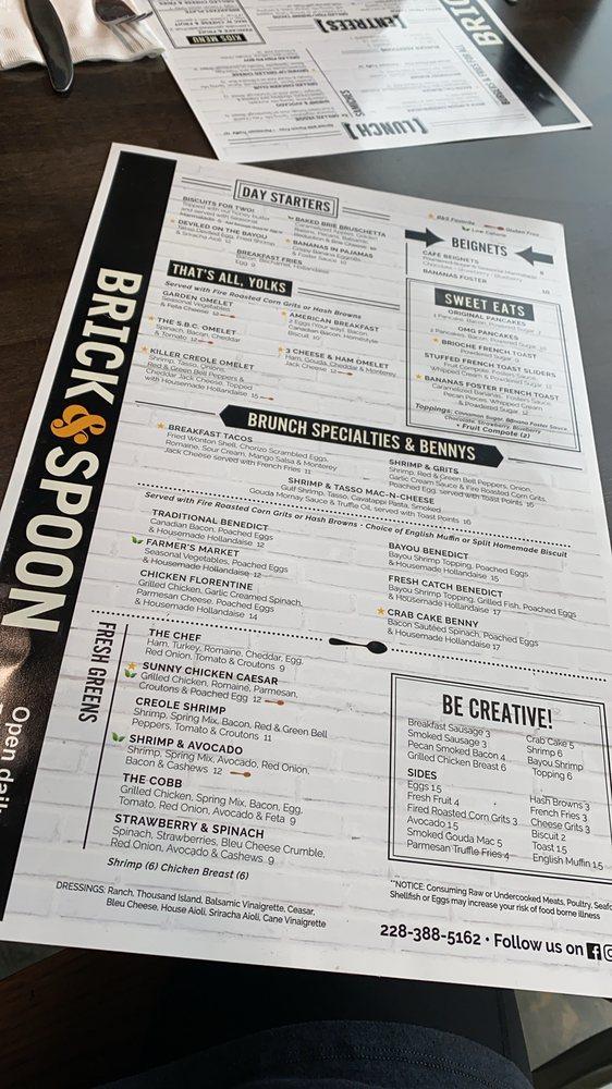 Menu at Brick & Spoon restaurant, Biloxi