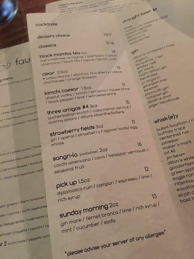 Carta del pub y bar Fauna, Ottawa