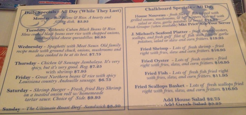 Menu at J. Michael's Restaurant, Panama City Beach
