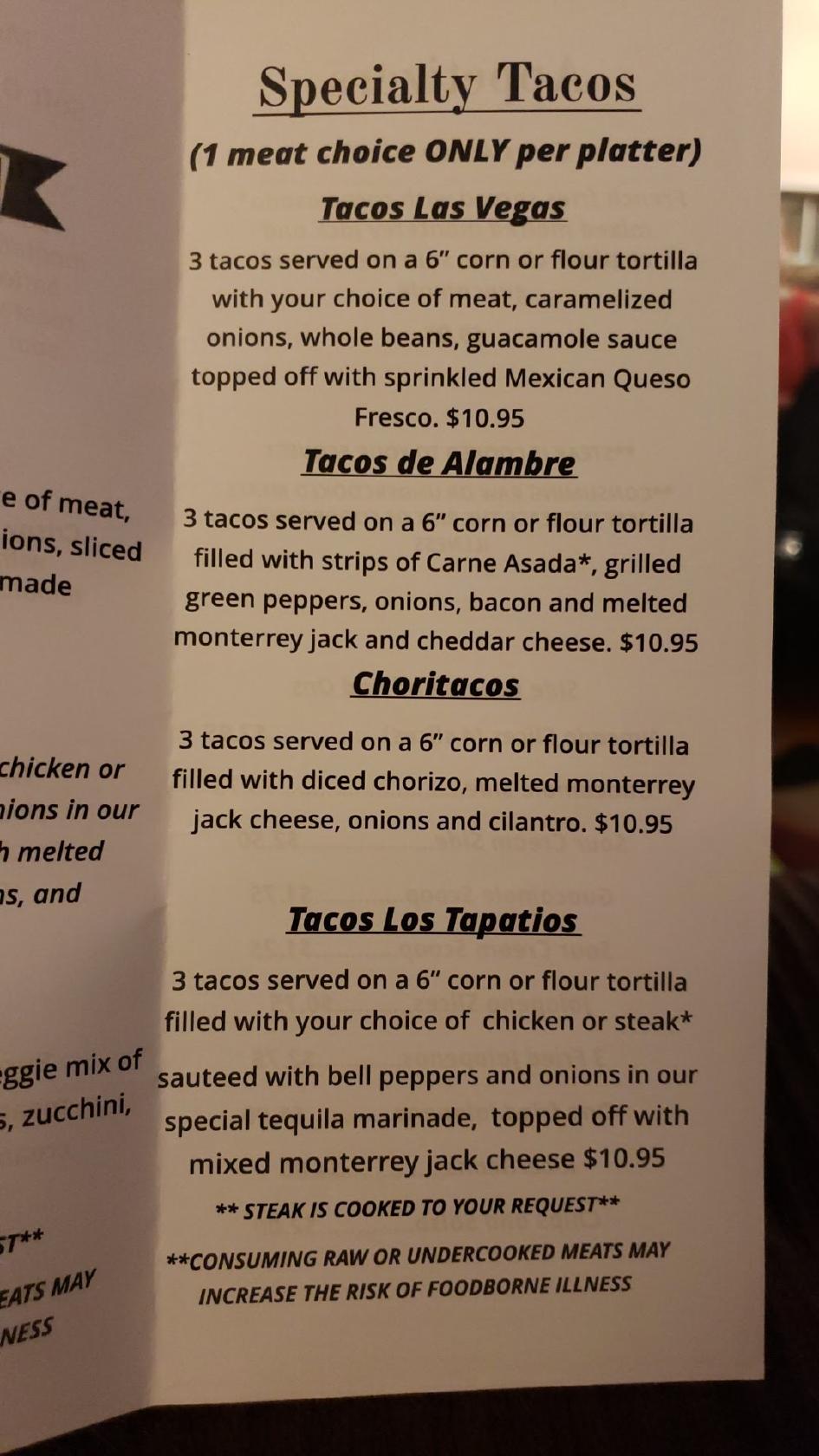 Menu at Los Tapatios Mexican Taqueria restaurant, Fircrest