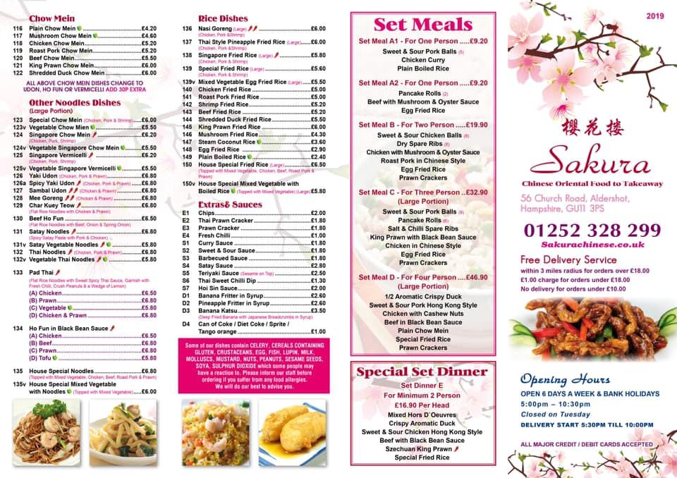 Menu at Sakura restaurant, Aldershot