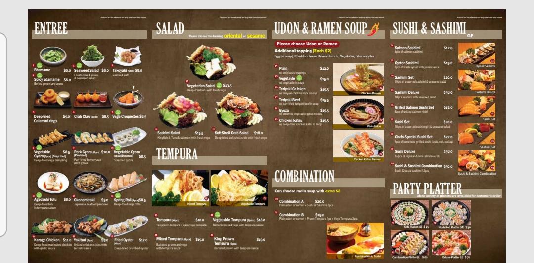 Menu at Akira Sushi restaurant, Bowral
