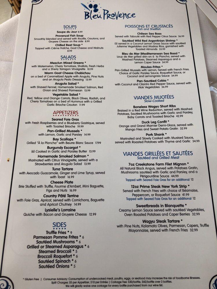 Menu at Bleu Provence pub & bar, Naples