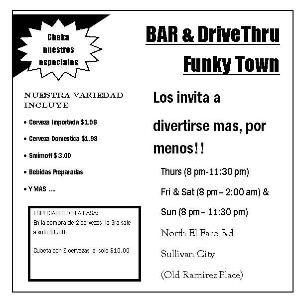 Menu at Funky Town Bar, Sullivan City