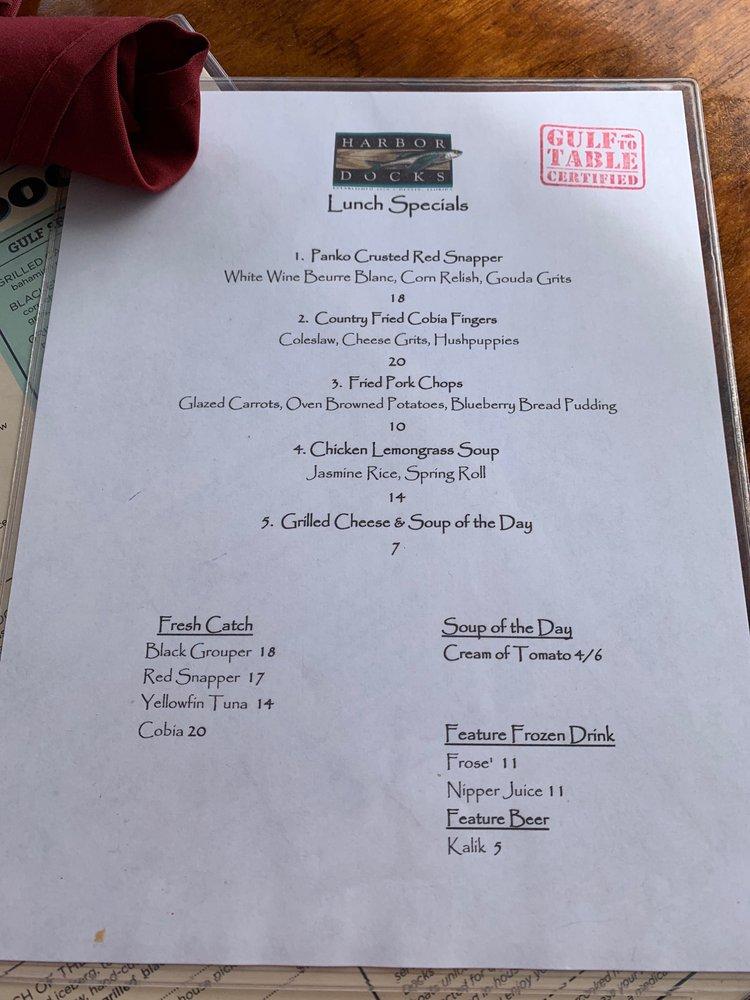 Menu at Harbor Docks restaurant, Destin, 538 Harbor Blvd