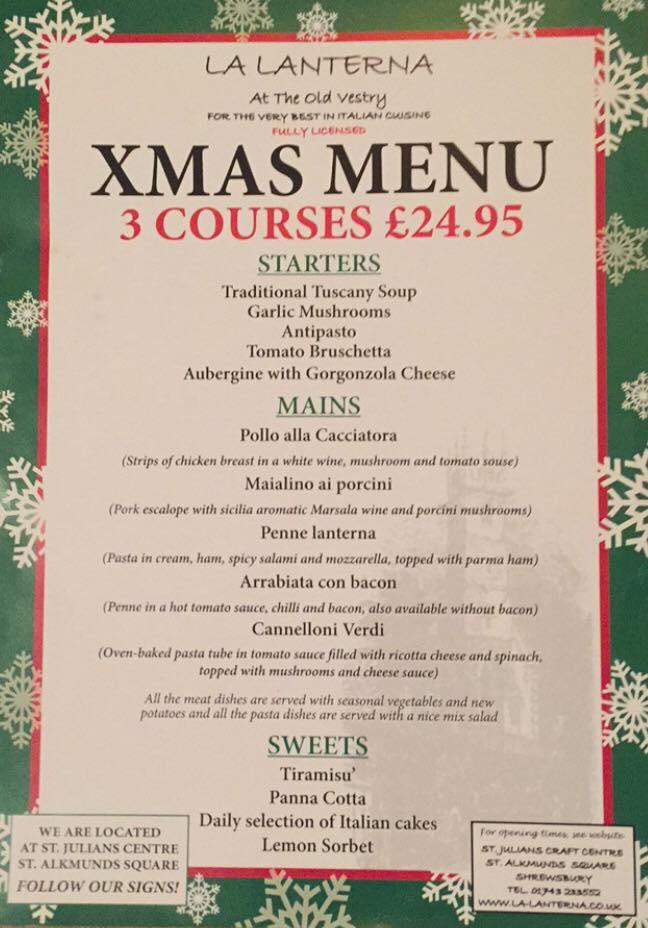 Menu at La Lanterna at the Old Vestry restaurant, Shrewsbury, 11 St ...