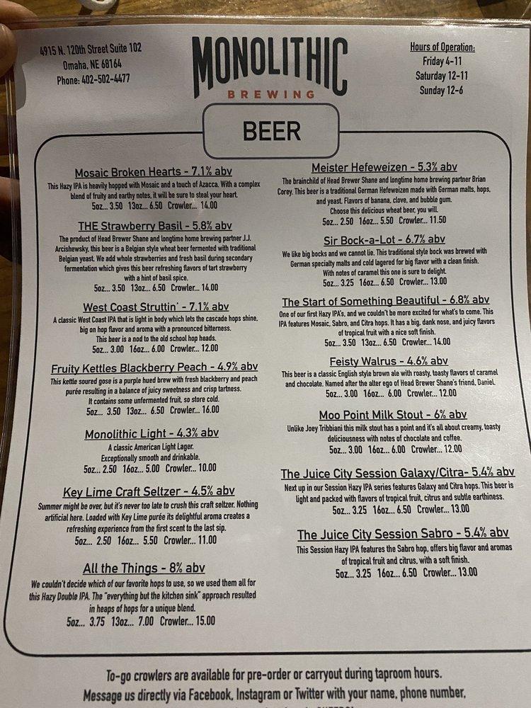 Menu at Monolithic Brewing, Omaha