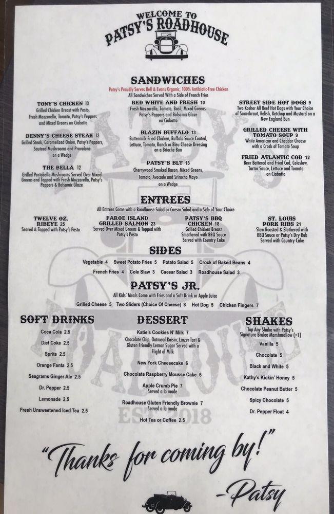 Menu at Patsy’s Roadhouse restaurant, Hopewell Junction