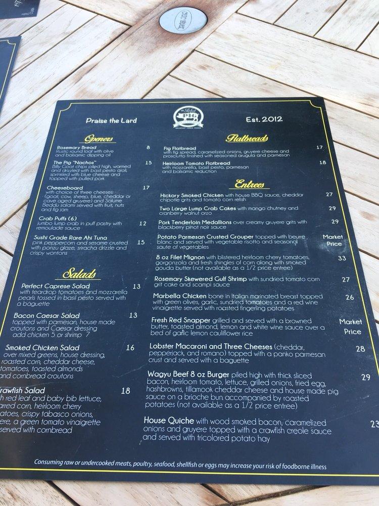 Menu at The Perfect Pig restaurant, Seagrove Beach, E County Hwy 30A