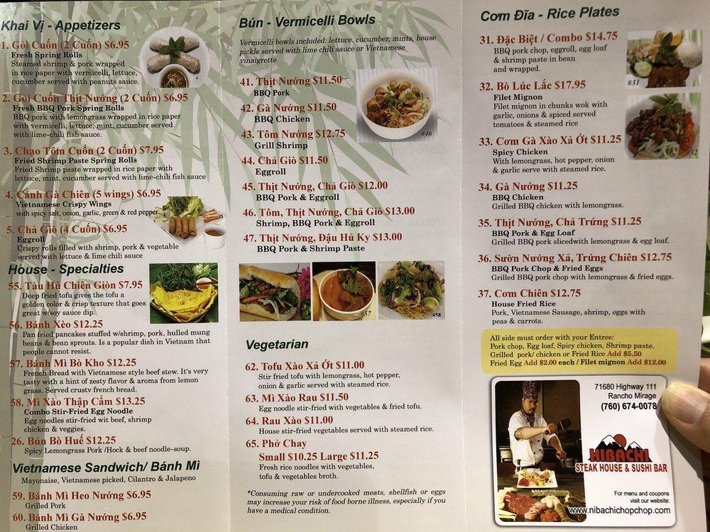 Menu at Pho Vu restaurant, La Quinta