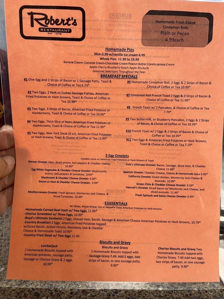 Menu at Robert's Restaurant, Tucson