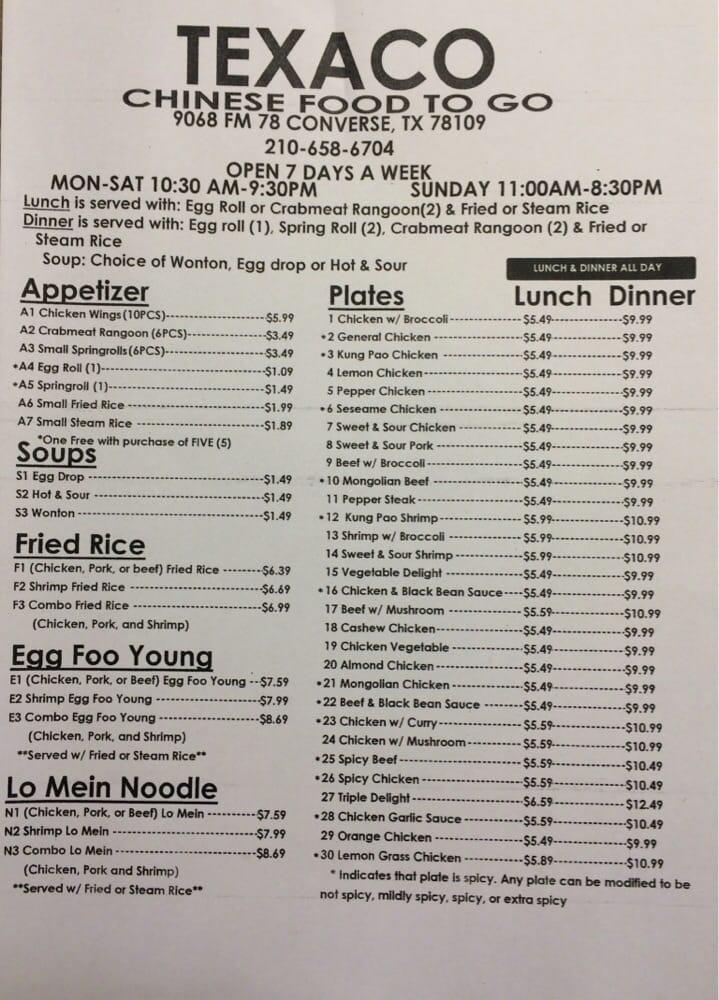 Menu at Texaco Chinese Food To Go, Converse