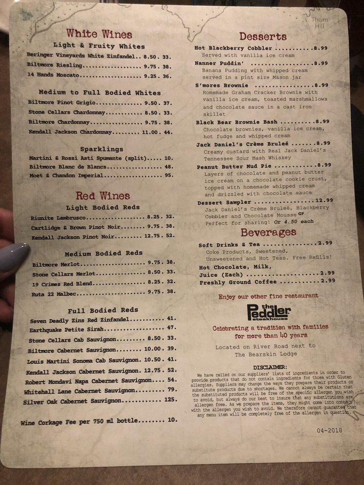 Menu at The Park Grill steakhouse, Gatlinburg, Parkway