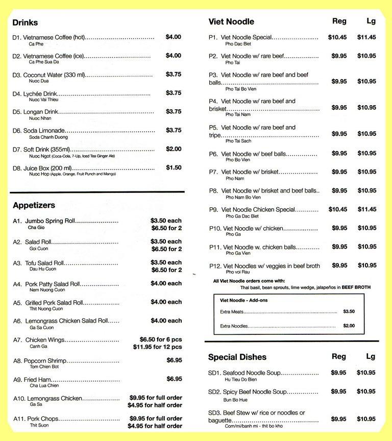 Menu at The Viet Noodle Guy restaurant, Burnaby