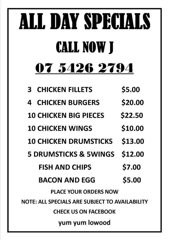 Menu at Yum yum lowood country fried chicken Lowood QLD restaurant, Lowood