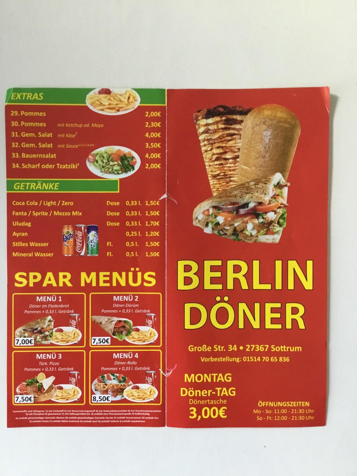 Menu at Berlin Döner restaurant, Sottrum