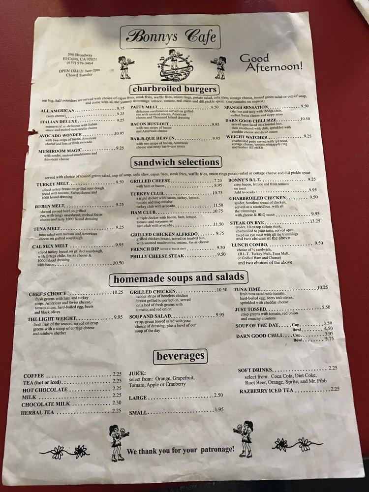 Menu at Bonny's Cafe, El Cajon